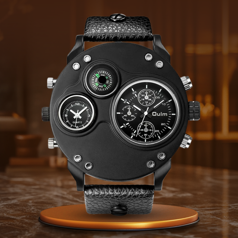 Black leather chronograph watch with dual time zones